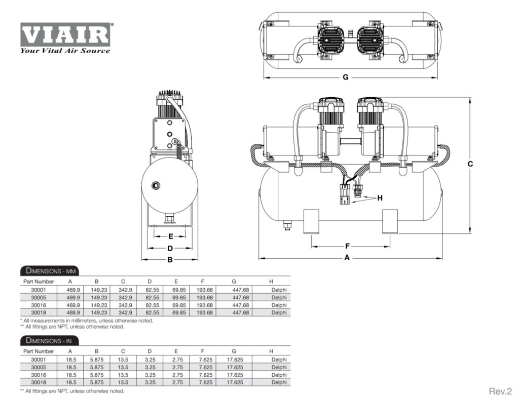 Viair 30018 200psi 2on2 Dual 380c Air Compressor 2g Tank 100% Duty Kit