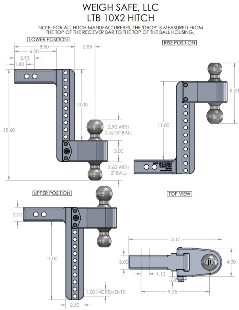 Weigh Safe CTB10-2 180° Hitch Aluminum | 10" Drop for 2" Receiver Hitch